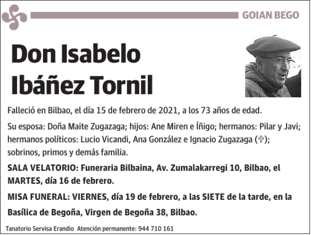 Isabelo Ibáñez Tornil | Esquela Necrológica | El Correo