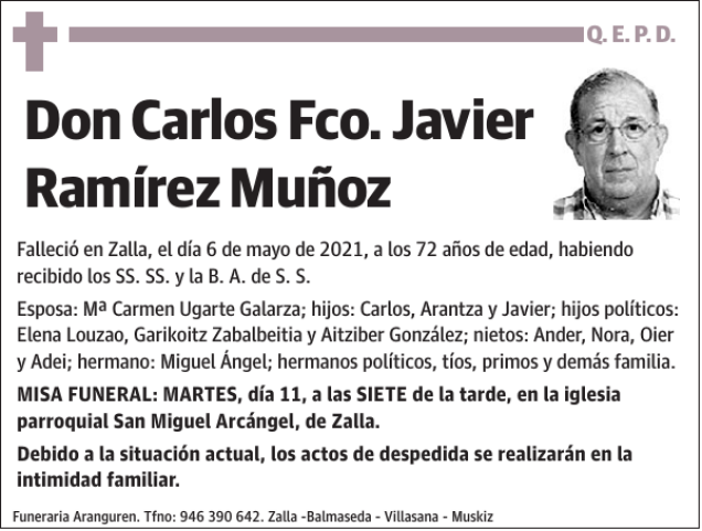 Carlos Fco. Javier Ramírez Muñoz | Esquela Necrológica | El Correo