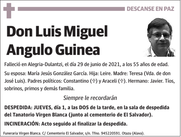 Luis Miguel Angulo Guinea | Esquela Necrológica | El Correo