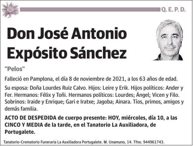 José Antonio Expósito Sánchez | Esquela Necrológica | El Correo