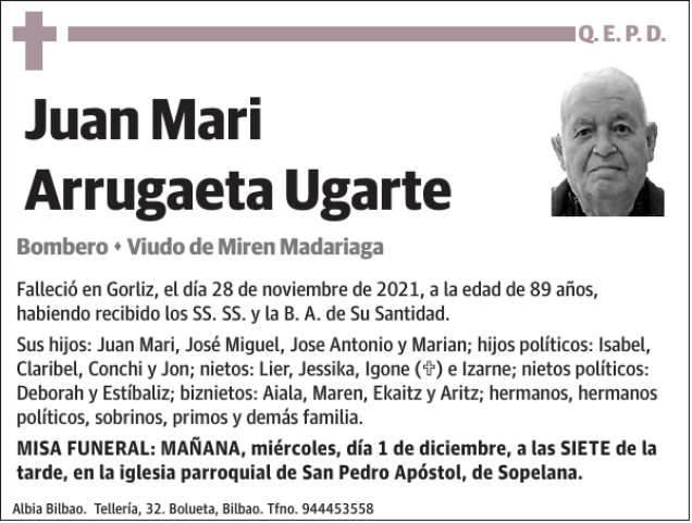 Juan Mari Arrugaeta Ugarte | Esquela Necrológica | El Correo