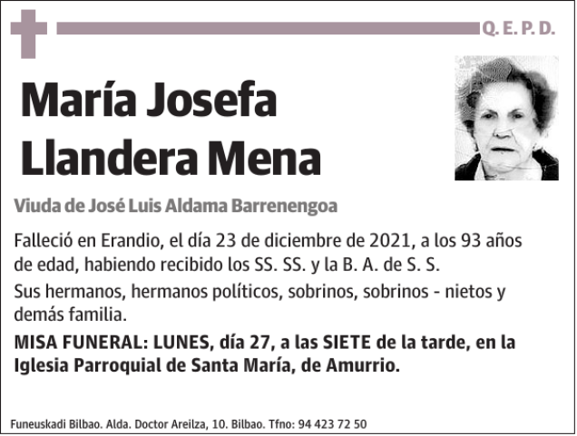 María Josefa Llandera Mena | Esquela Necrológica | El Correo