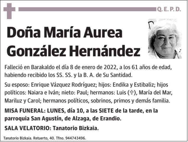 María Aurea González Hernández | Esquela Necrológica | El Correo