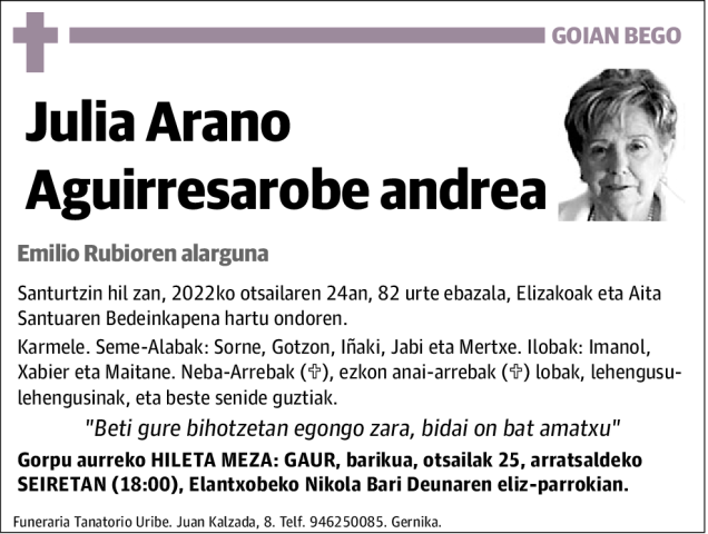Julia Arano Auirresarobe | Esquela Necrológica | El Correo