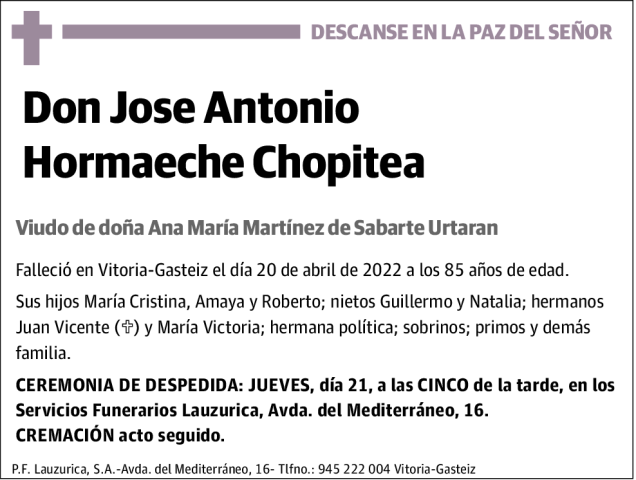 Jose Antonio Hormaeche Chopitea | Esquela Necrológica | El Correo