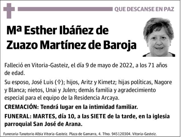 María Esther Ibañez de Zuazo Martínez de Baroja | Esquela Necrológica | El Correo