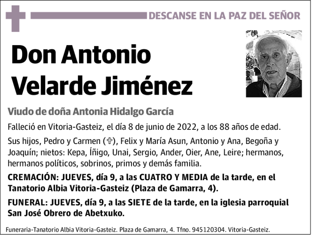 Antonio Velarde Jiménez | Esquela Necrológica | El Correo