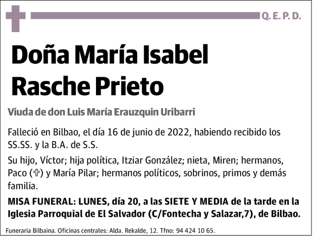 María Isabel Rasche Prieto | Esquela Necrológica | El Correo