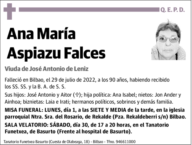 Ana María Aspiazu Falces | Esquela Necrológica | El Correo