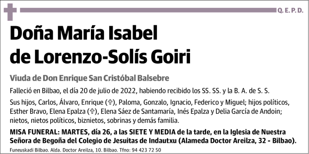 María Isabel De Lorenzo-Solís Goiri | Esquela Necrológica | El Correo