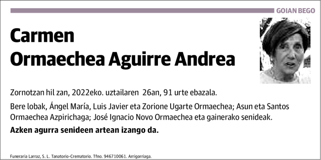Carmen Ormaechea Aguirre | Esquela Necrológica | El Correo