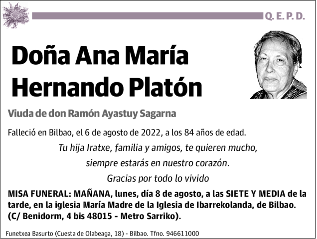 Ana María Hernando Platón | Esquela Necrológica | El Correo