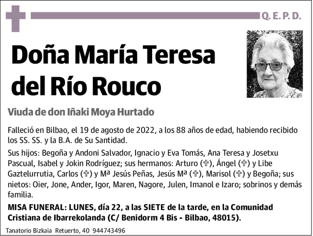 María Teresa del Río Rouco | Esquela Necrológica | El Correo
