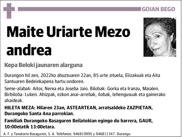 Maite Uriarte Mezo | Esquela Necrológica | El Correo