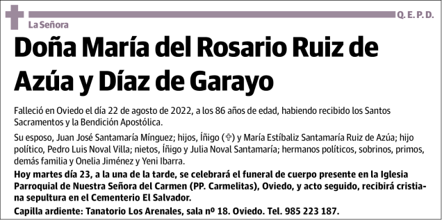 Maria del Rosario Ruiz de Azua y Diaz de Garayo | Esquela Necrológica ...