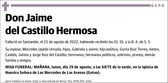 Jaime del Castillo Hermosa | Esquela Necrológica | El Correo