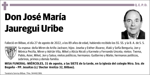José María Jauregui Uribe | Esquela Necrológica | El Correo