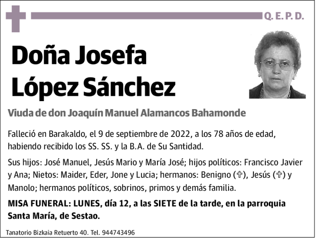 Josefa López Sánchez | Esquela Necrológica | El Correo