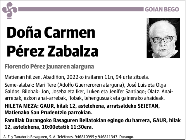 Carmen Perez Zabala | Esquela Necrológica | El Correo