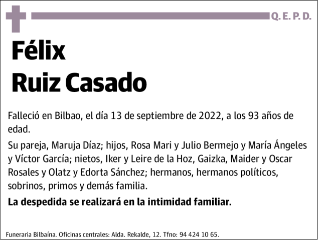 Félix Ruiz Casado | Esquela Necrológica | El Correo