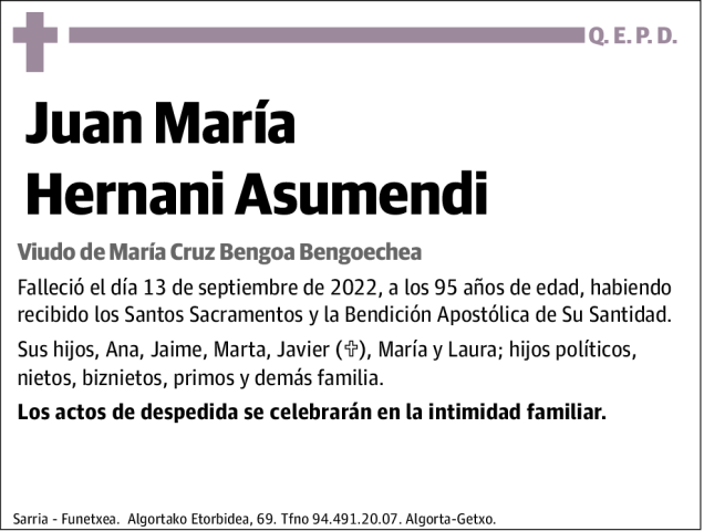 Juan María Hernani Asumendi | Esquela Necrológica | El Correo