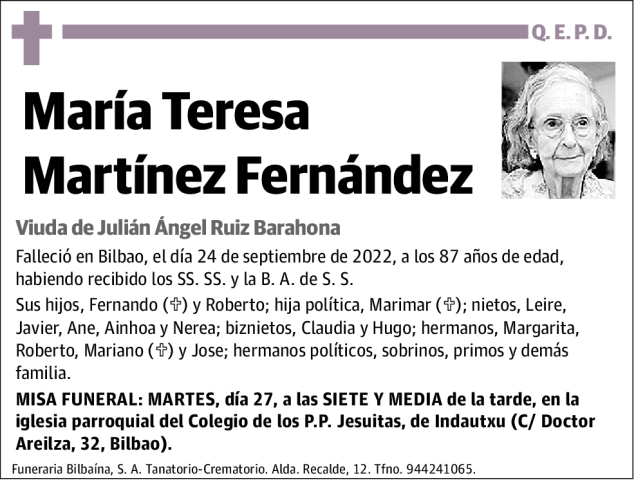María Teresa Martínez Fernández | Esquela Necrológica | El Correo