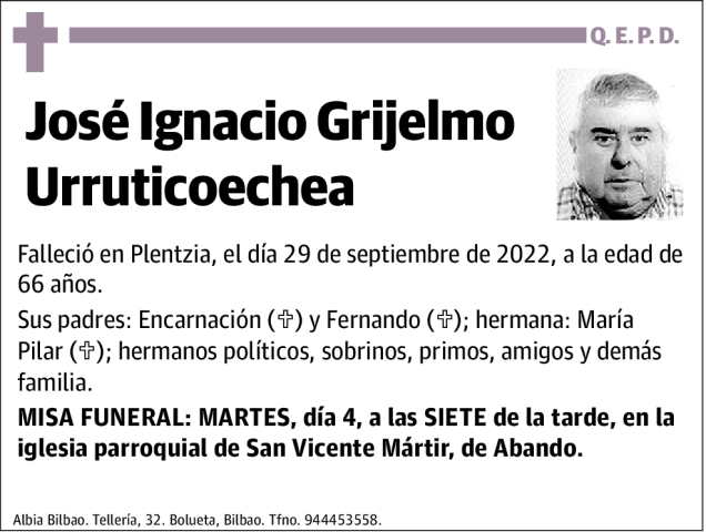 José Ignacio Grijelmo Urruticoechea | Esquela Necrológica | El Correo