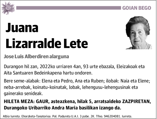 Juana Lizarralde Lete | Esquela Necrológica | El Correo