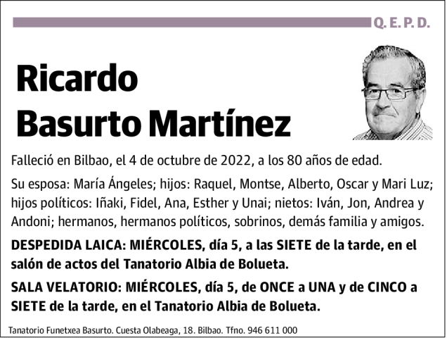 Ricardo Basurto Martínez | Esquela Necrológica | El Correo