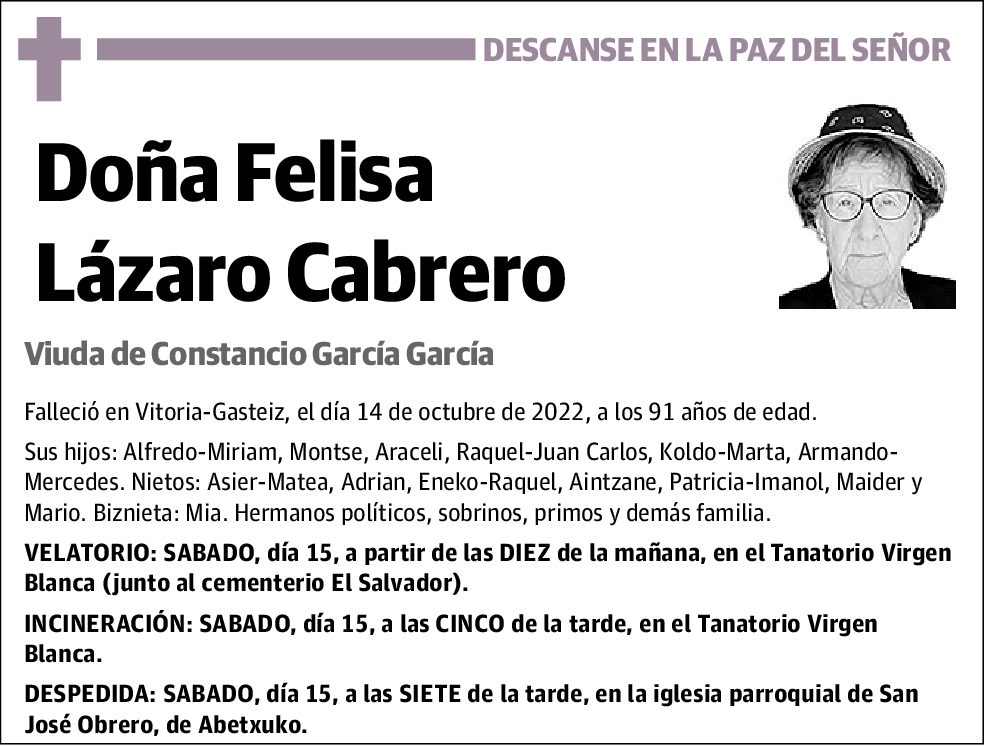 Felisa Lázaro Cabrero | Esquela | El Correo