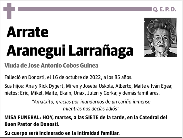 Arrate Aranegui Larrañaga | Esquela Necrológica | El Correo