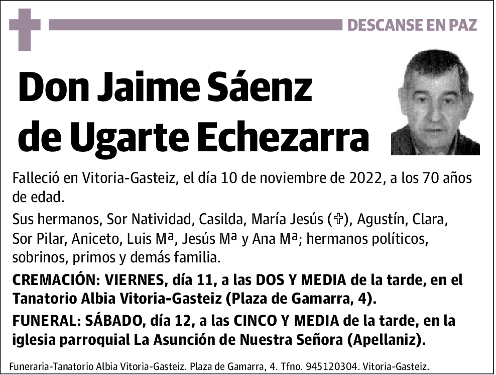Jaime Saénz de Ugarte Echezarra | Esquela | El Correo