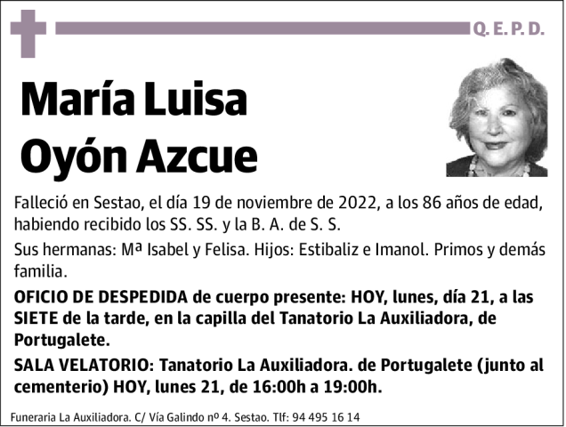 María Luisa Oyón Azcue | Esquela Necrológica | El Correo