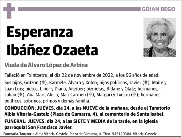 Esperanza Ibáñez Ozaeta | Esquela Necrológica | El Correo