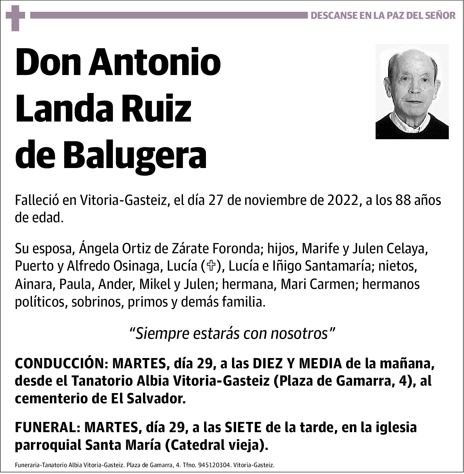 Antonio Landa Ruiz de Balugera | Esquela | El Correo