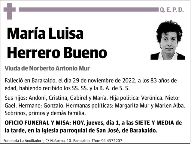 María Luisa Herrero Bueno | Esquela Necrológica | El Correo