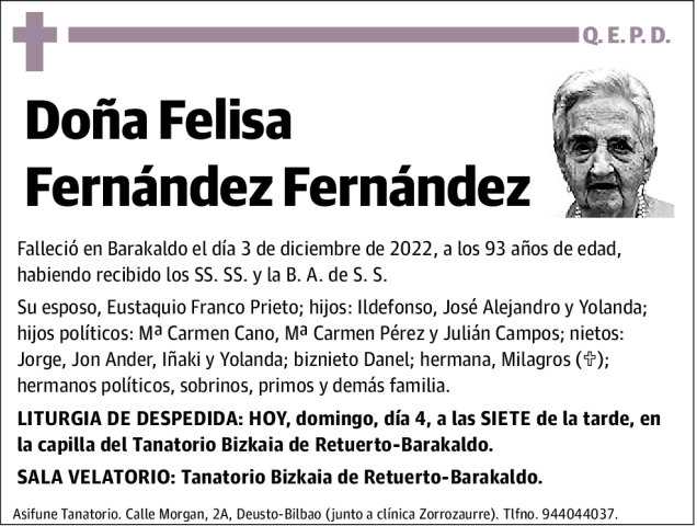 Felisa Fernández Fernández | Esquela Necrológica | El Correo