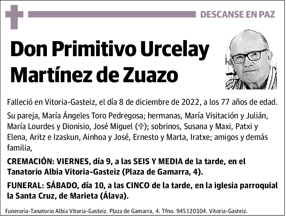 Primitivo Urcelay Martínez De Zuazo | Esquela | El Correo