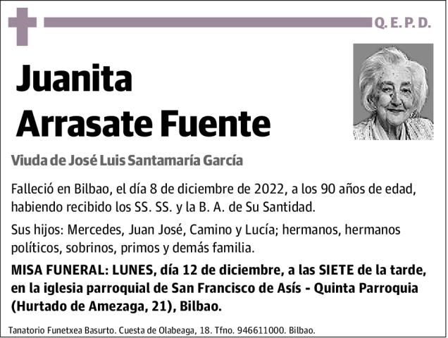 Juanita Arrasate Fuente | Esquela Necrológica | El Correo