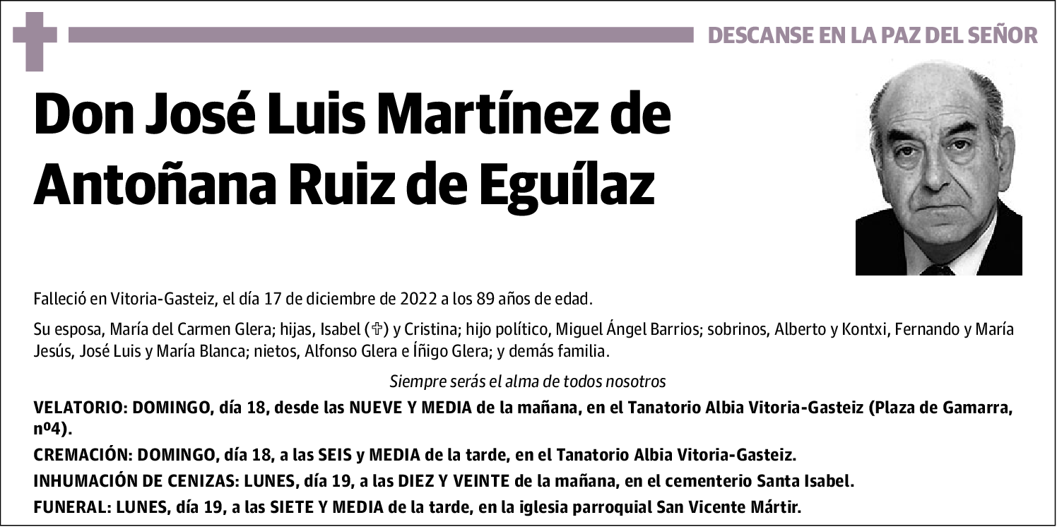 José Luis Martínez de Antoñana Ruiz de Eguílaz | Esquela | El Correo
