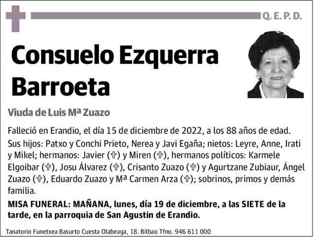 Consuelo Ezquerra Barroeta | Esquela Necrológica | El Correo