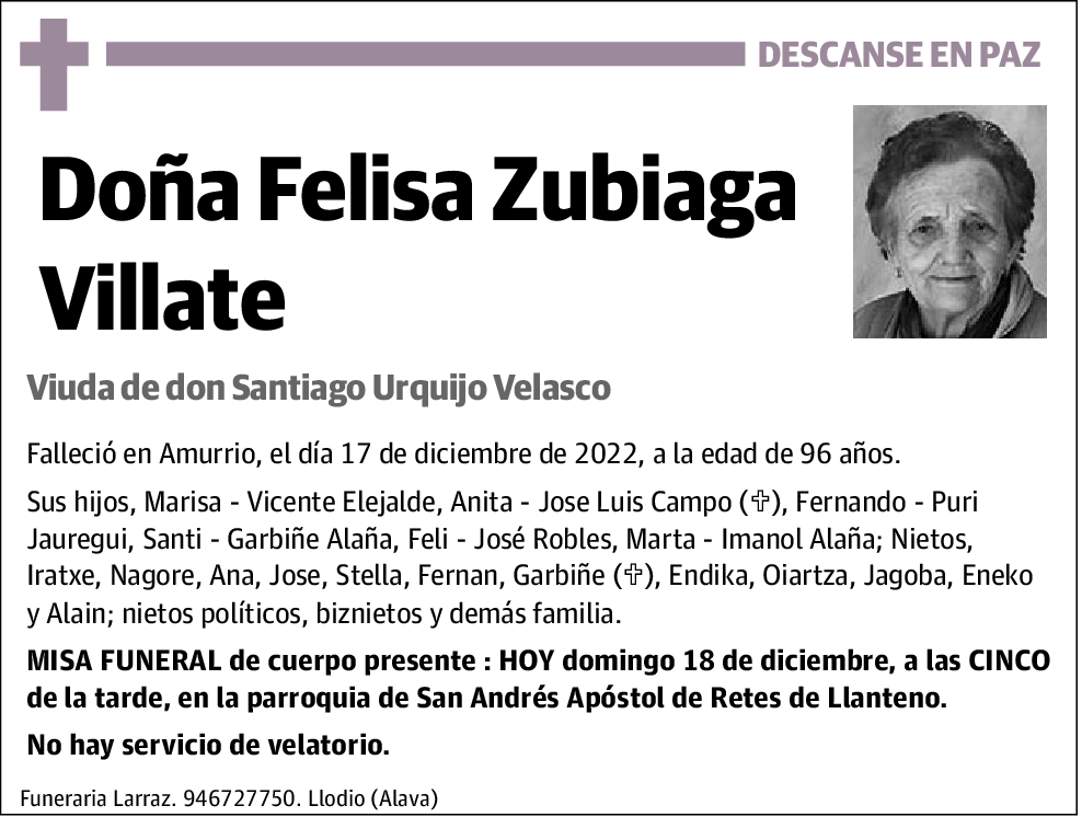 Felisa Zubiaga Villate | Esquela | El Correo