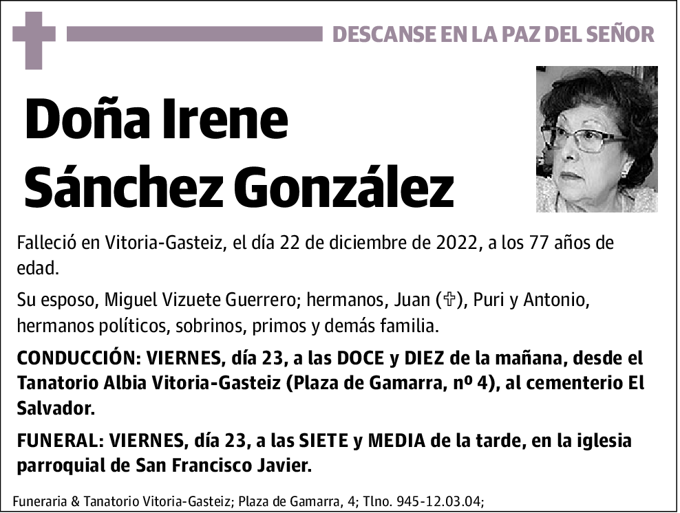 Irene Sánchez González | Esquela | El Correo