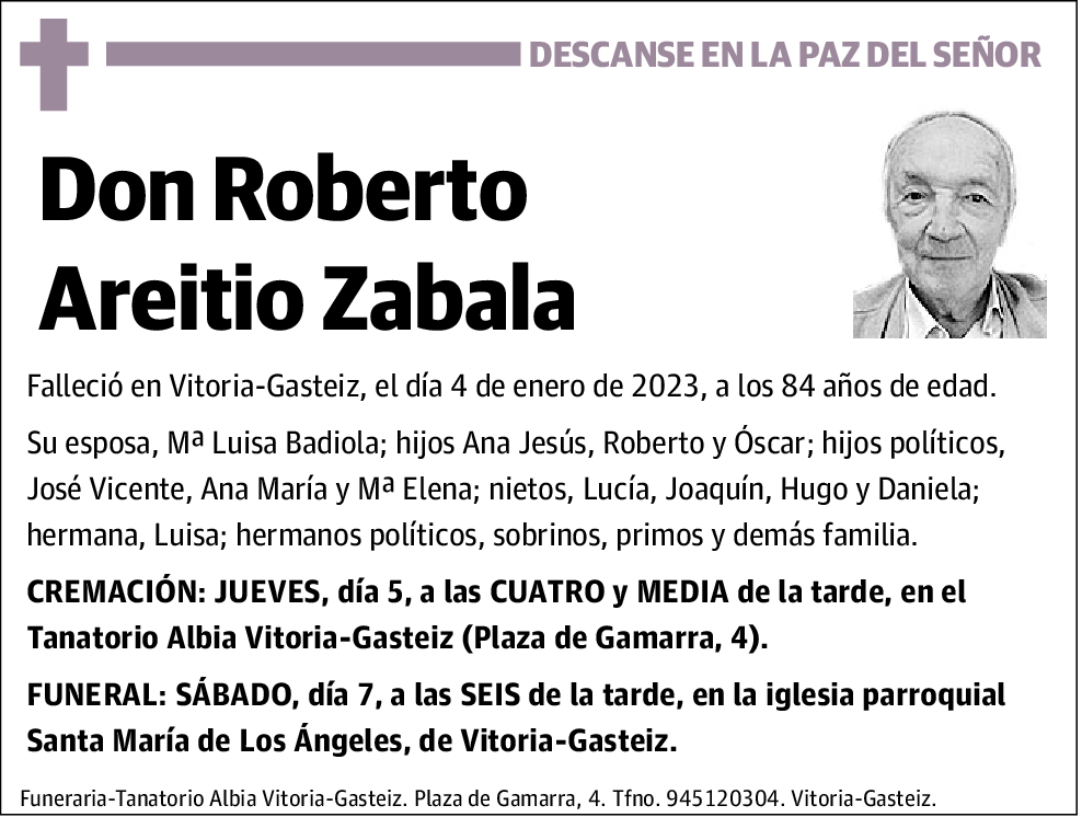 Roberto Areitio Zabala | Esquela | El Correo