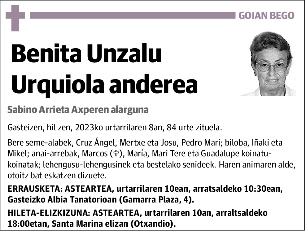 Benita Unzalu Urquiola | Esquela | El Correo