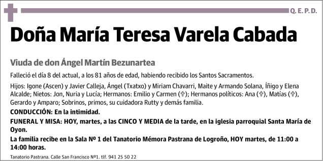 María Teresa Varela Cabada | Esquela Necrológica | El Correo