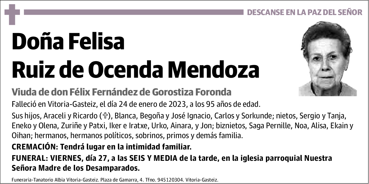 Felisa Ruiz de Ocenda Mendoza | Esquela | El Correo