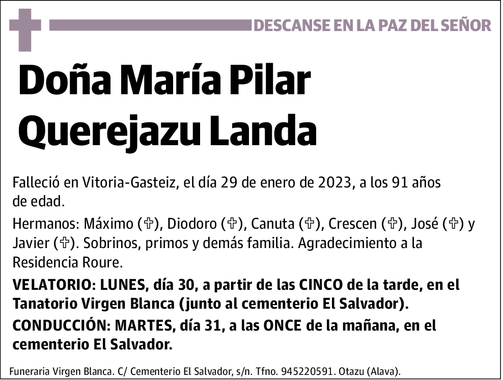 María Pilar Querejazu Landa | Esquela | El Correo