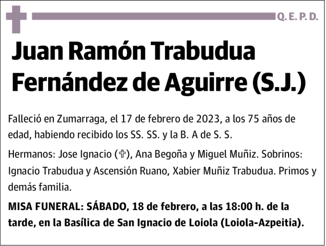 Juan Ramón Trabudua Fernández de Aguirre (S.J.) | Esquela Necrológica ...