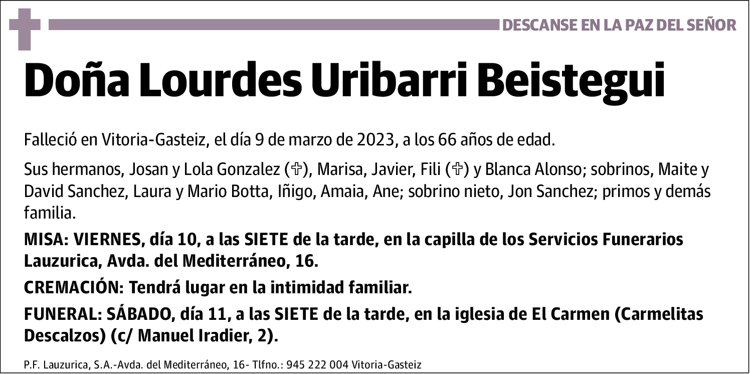 Lourdes Uribarri Beistegui | Esquela | El Correo